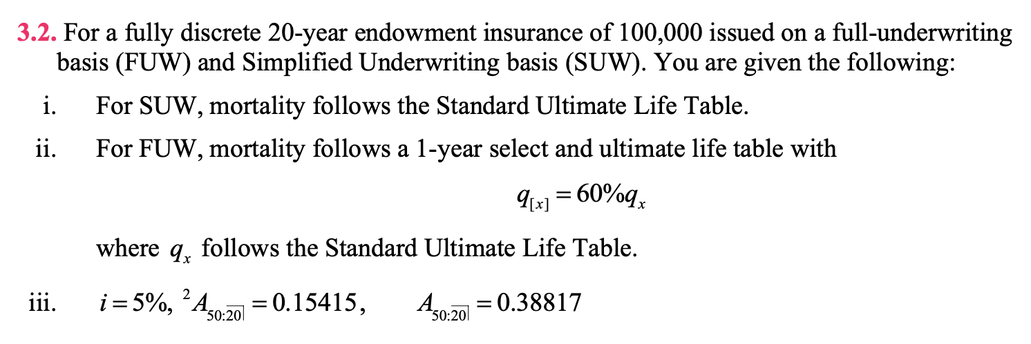Solved 3.2. For a fully discrete 20-year endowment insurance | Chegg.com