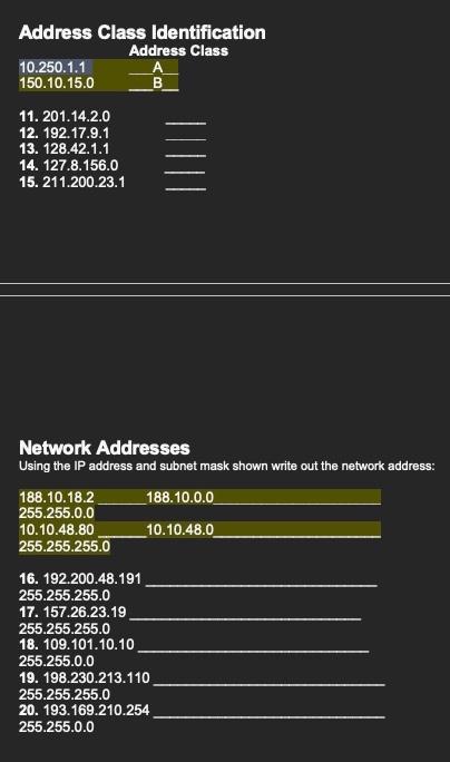Solved Address Class Identification Address Class 10.250.1.1 | Chegg.com