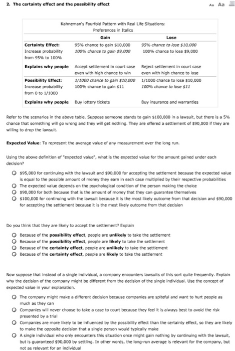 Solved 2. The certainty effect and the possibility effect a | Chegg.com Solved 2. The certainty effect and the possibility effect a | Chegg.com