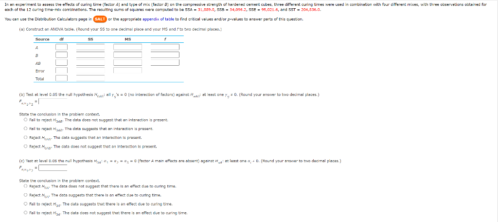 Solved In an experiment assess the effects of curing time | Chegg.com