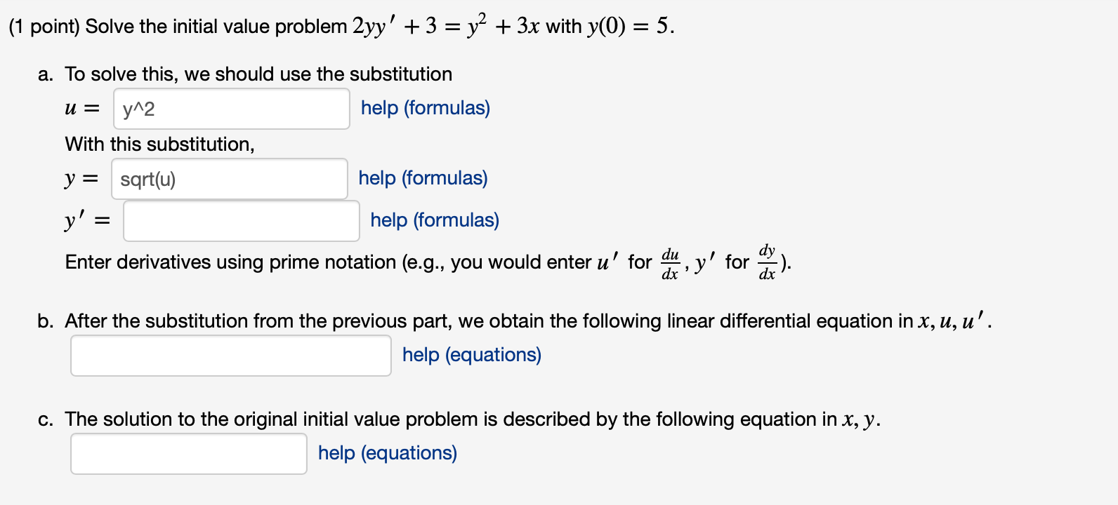 Solved (1 point) Solve the initial value problem 2yy' + 3 = | Chegg.com