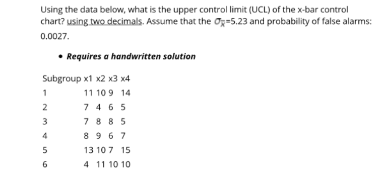Solved Using the data below, what is the upper control limit | Chegg.com