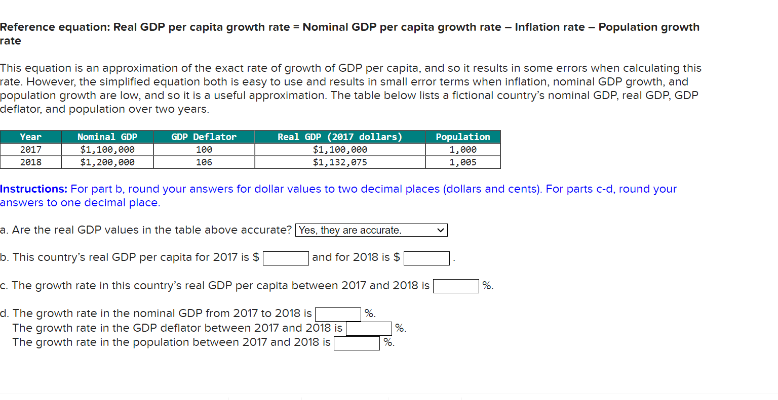 Solved Reference equation: Real GDP per capita growth rate = | Chegg.com