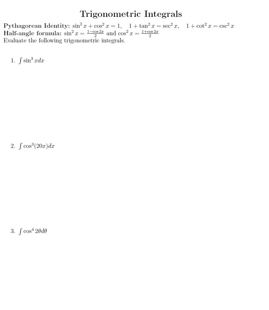 Solved Trigonometric Integrals Pythagorean Identity: sinº x | Chegg.com
