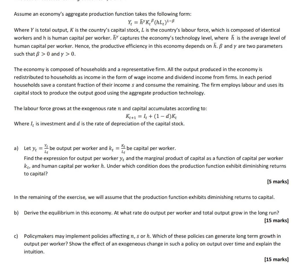 Assume An Economys Aggregate Production Function