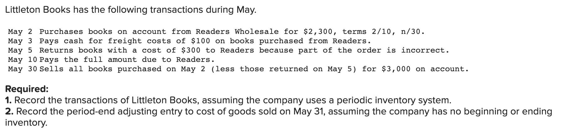 Solved Littleton Books has the following transactions during | Chegg.com