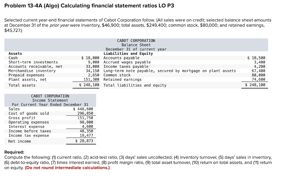 Solved Problem 13-4A (Algo) Calculating financial statement | Chegg.com Solved Problem 13-4A (Algo) Calculating financial statement | Chegg.com