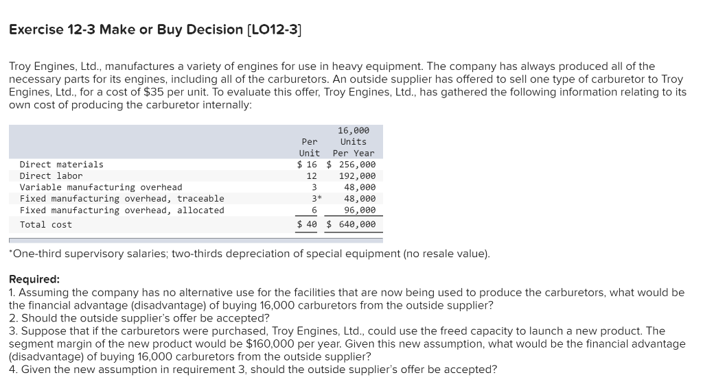 Solved Exercise 12-3 Make or Buy Decision (LO12-3] Troy | Chegg.com
