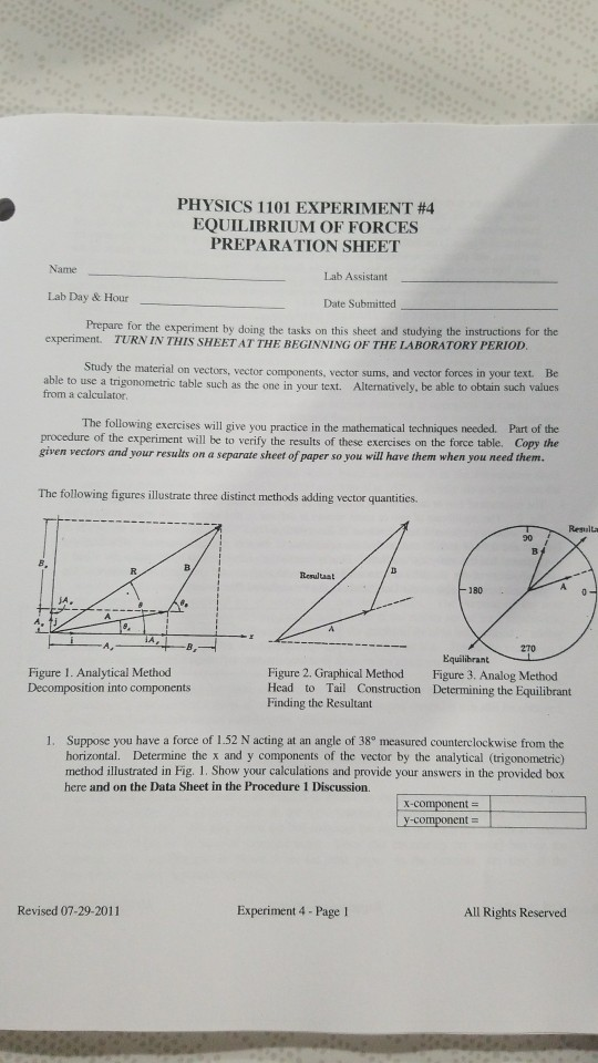 PHYSICS 1101 EXPERIMENT # 4 EQUILIBRIUM OF FORCES | Chegg.com