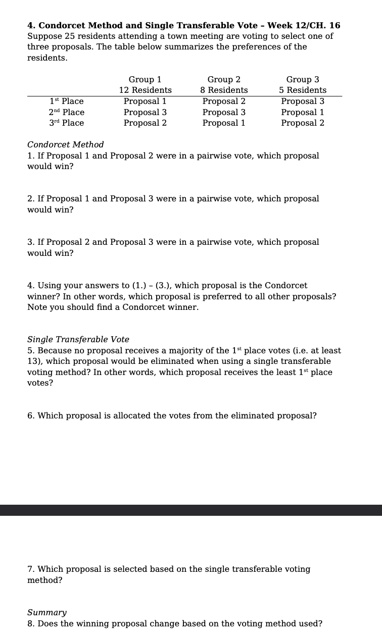 Solved 4. Condorcet Method and Single Transferable Vote - | Chegg.com