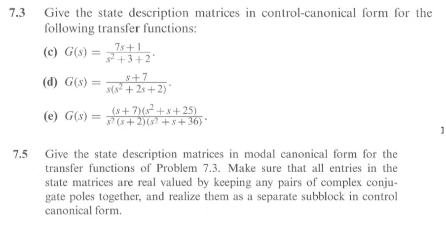 Solved 7.5 ﻿Give the state description matrices in modal | Chegg.com