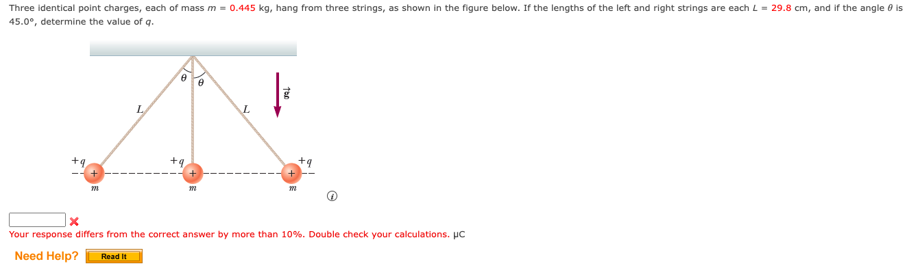 Solved Three identical point charges, each of mass m=0.445 | Chegg.com