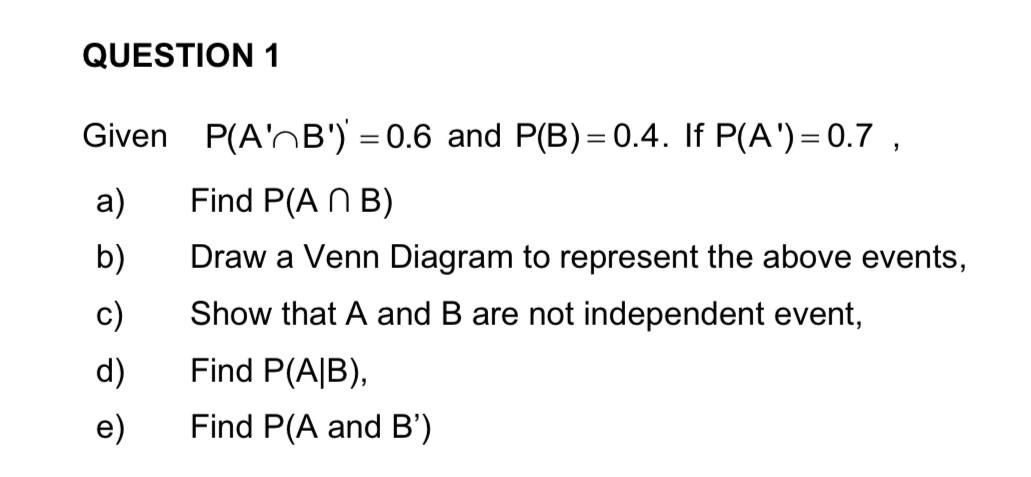 Solved Given P(A′∩B′)′=0.6 and P(B)=0.4. If P(A′)=0.7, a) | Chegg.com