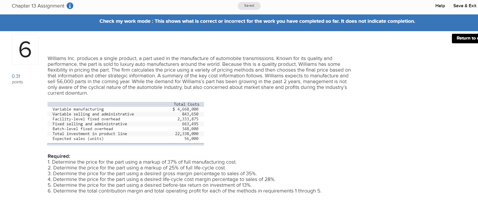 Solved Chapter 13 Assignment i Saved Help Save & Exit Check | Chegg.com