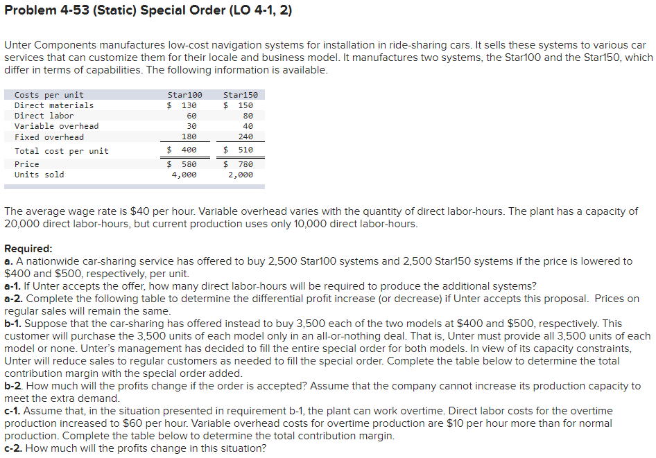 Solved Problem 4-53 (Static) Special Order (LO 4-1, 2) Unter | Chegg.com