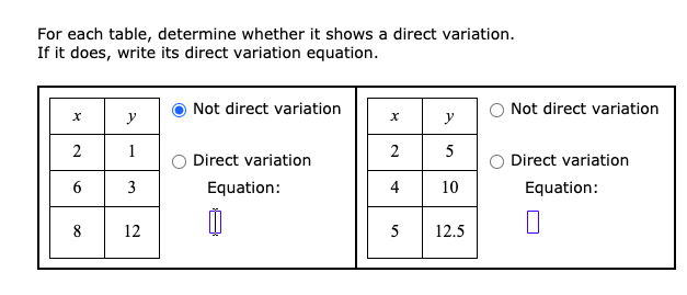 Solved For each table, determine whether it shows a direct | Chegg.com