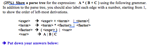 Solved (25%) Show a parse tree for the expression: A*(B+C) | Chegg.com