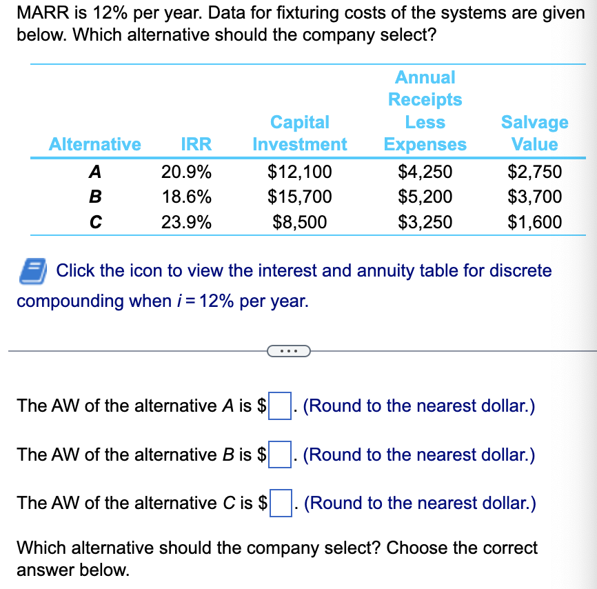 Solved MARR is 12% per year. Data for fixturing costs of the | Chegg.com