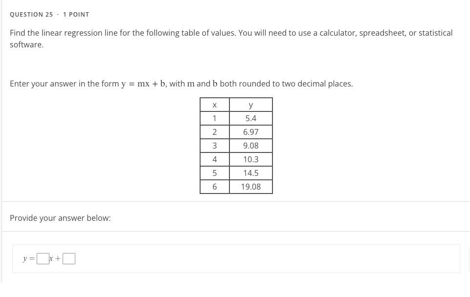 Solved QUESTION 25*1 ﻿POINTFind the linear regression line | Chegg.com
