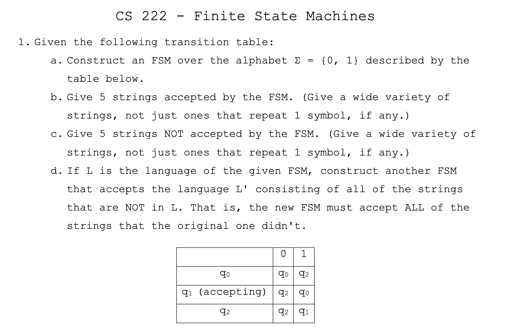 Solved 1. Given the following transition table: a. Construct | Chegg.com