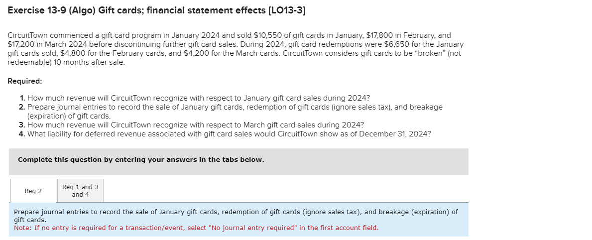 Solved Exercise 13-9 (Algo) ﻿Gift cards; financial statement | Chegg.com