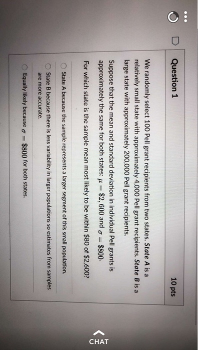 Solved OQuestion 1 10 pts We randomly select 100 Pell grant | Chegg.com