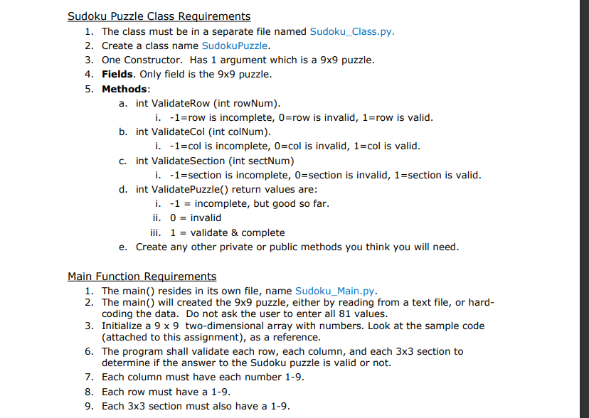 Solved Sudoku Puzzle Class Requirements 1. The class must be | Chegg.com