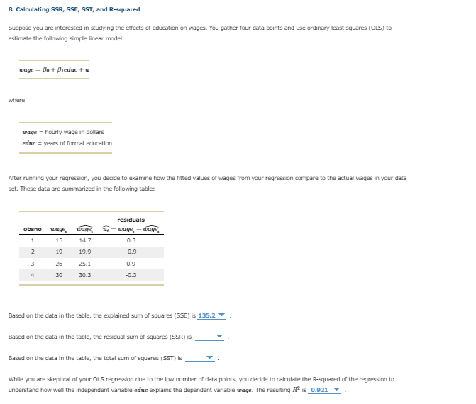 Solved 8. Calculating SSR, SSE, SST, and R-squared Suppose | Chegg.com