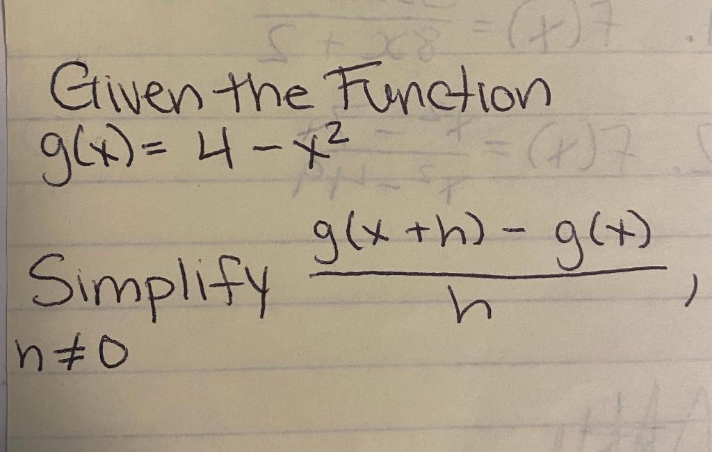 Solved Given the Function g(x)=4−x2 Simplifyh =0hg(x+h)−g(x) | Chegg.com