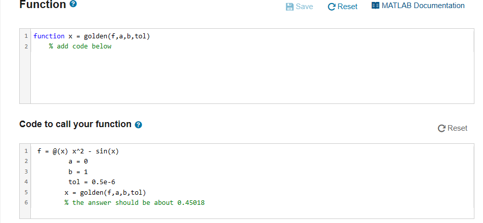 Solved function x=golden(f,a,b, tol ) where f is the | Chegg.com