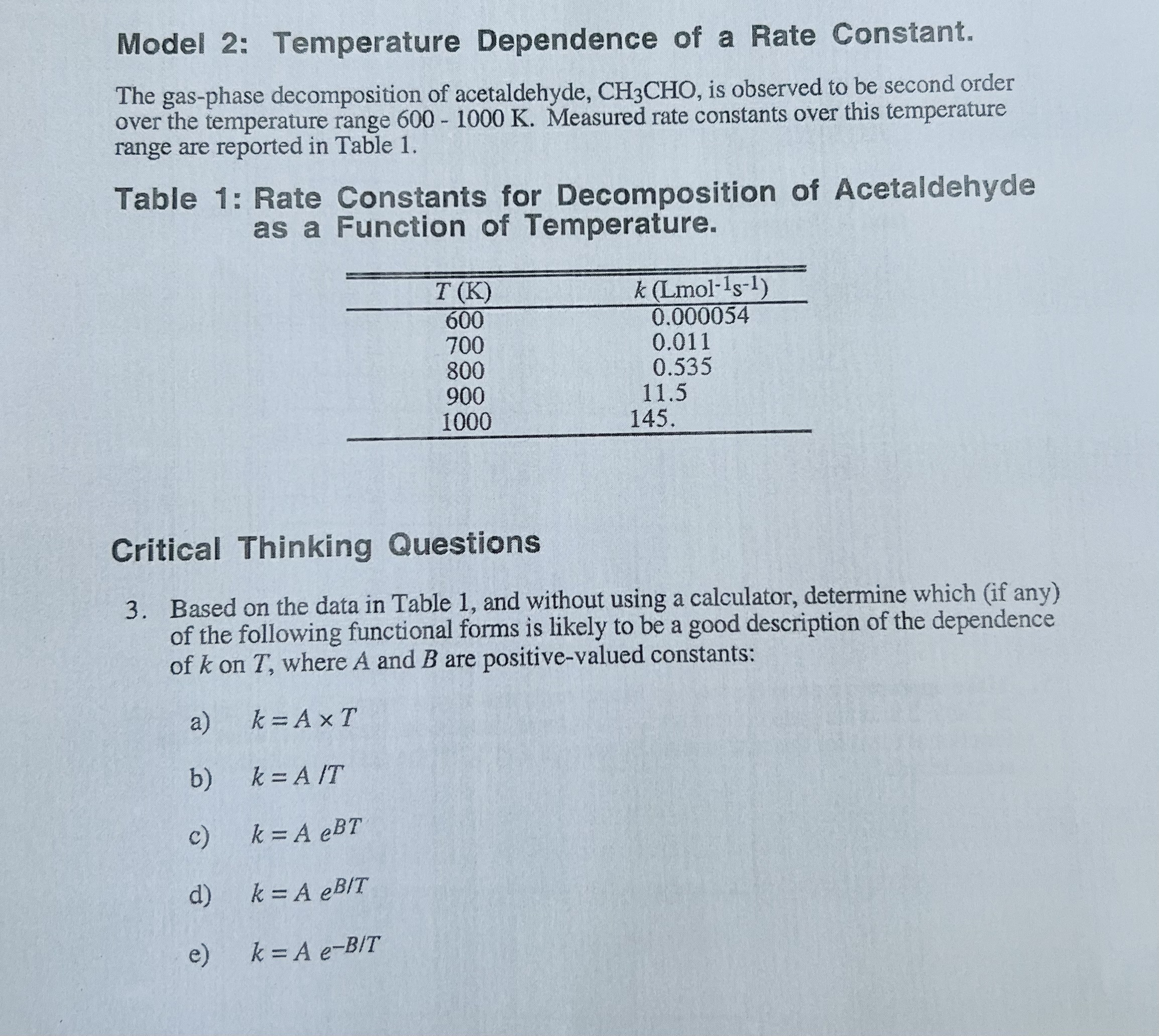 Solved Model 2: Temperature Dependence of a Rate Constant. | Chegg.com