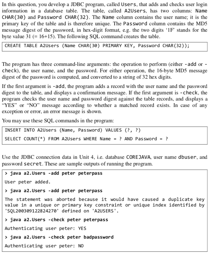 Solved in this question, you develop a JDBC program, called | Chegg.com