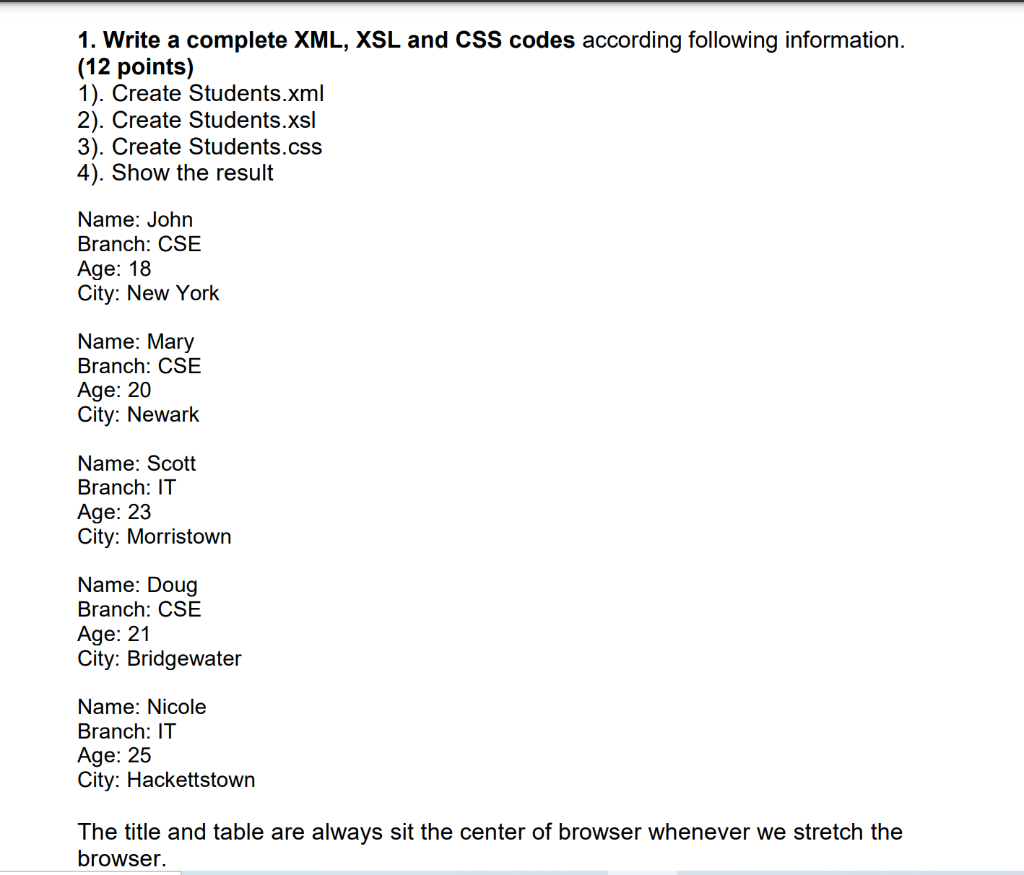Solved 1. Write a complete XML, XSL and CSS codes according | Chegg.com