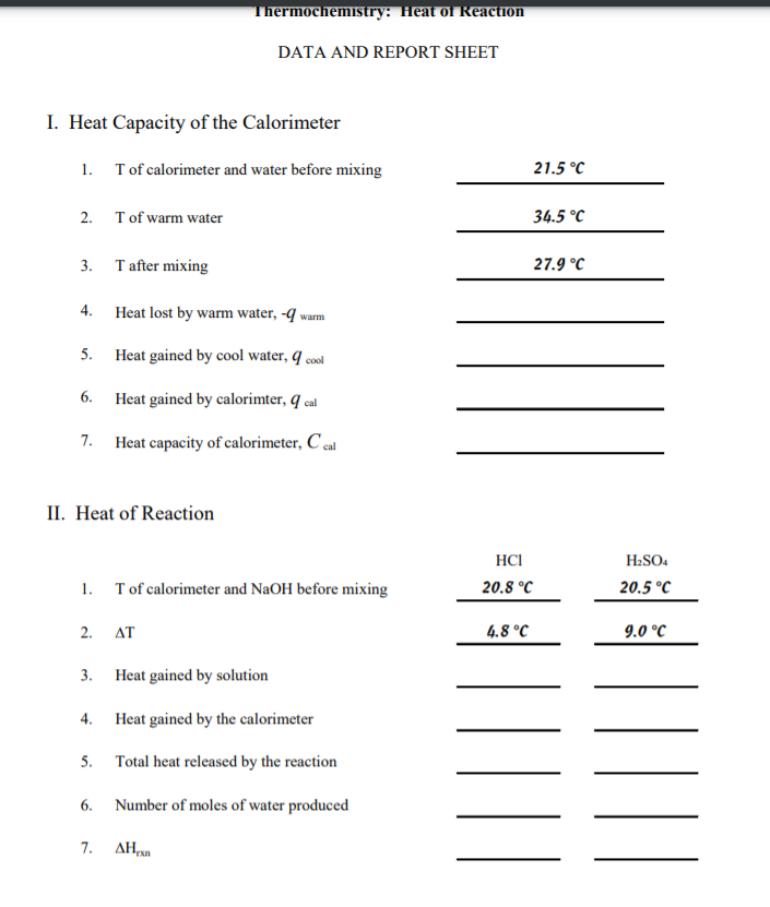 Thermochemistry: Heat or Reaction DATA AND REPORT | Chegg.com