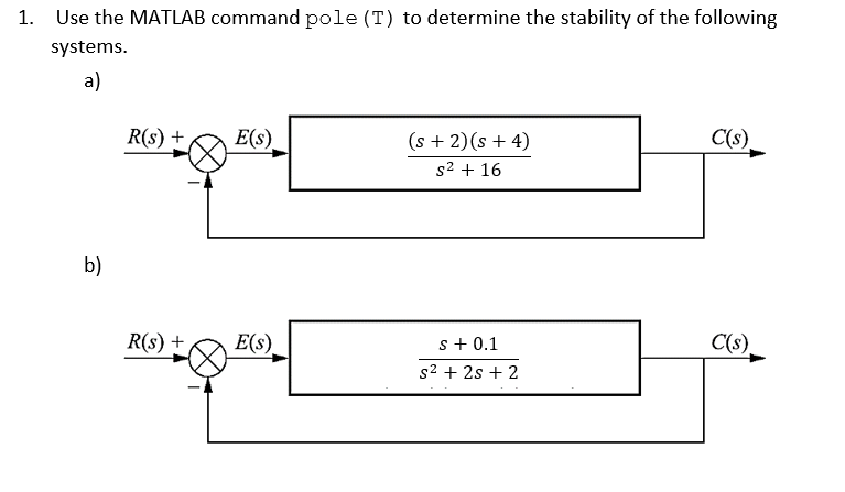 Solved 1. Use the MATLAB command pole (T) to determine the | Chegg.com