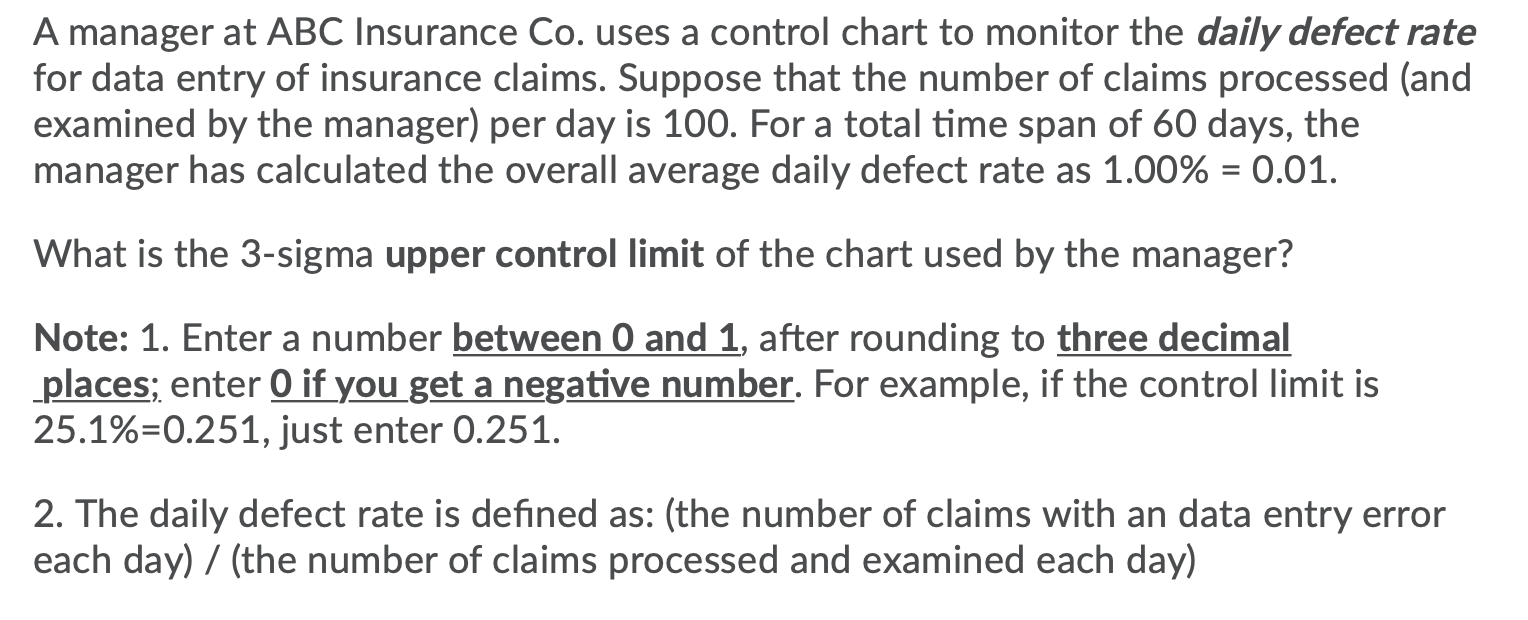 Solved A manager at ABC Insurance Co. uses a control chart | Chegg.com