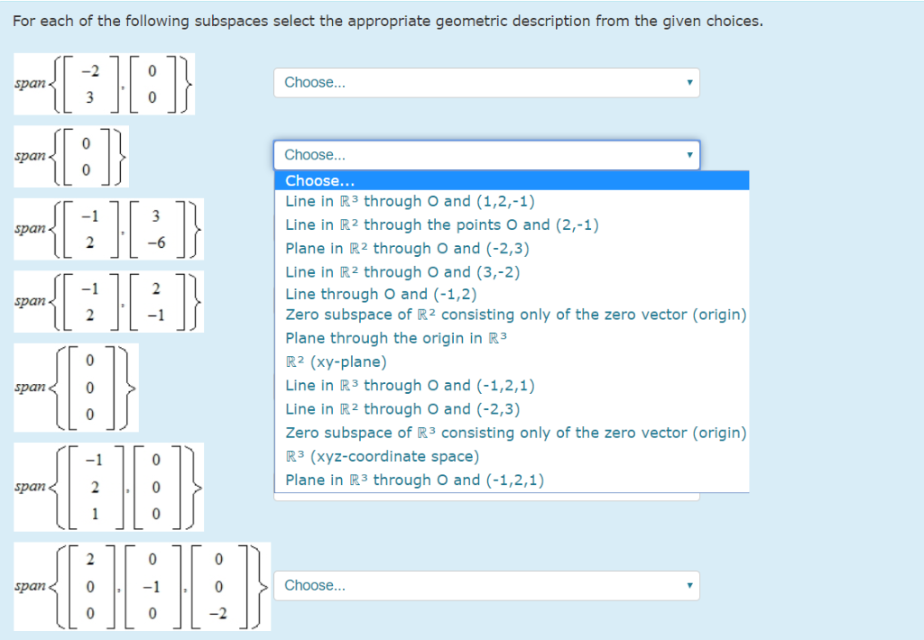 Solved For each of the following subspaces select the | Chegg.com