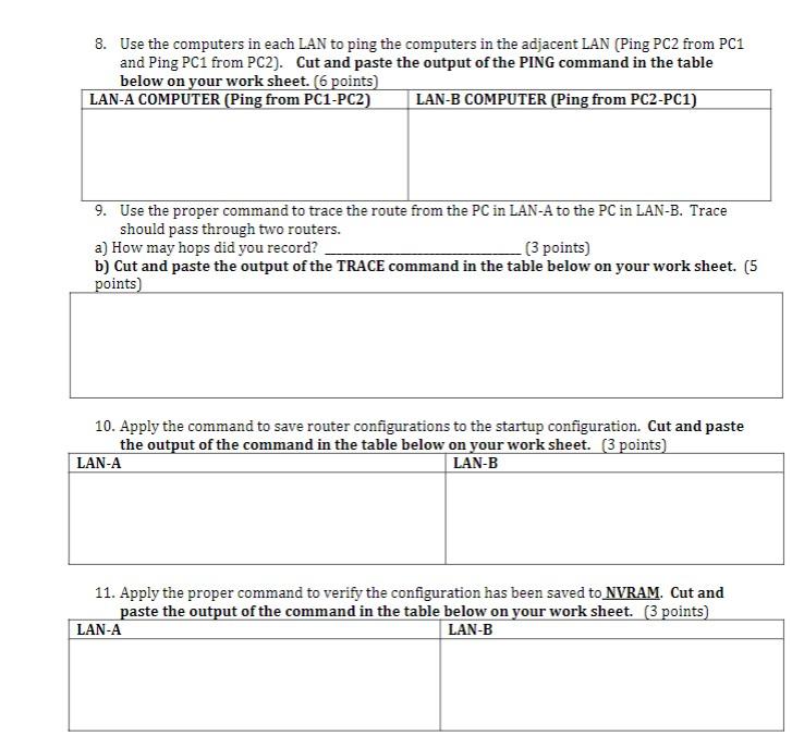 8. Use the computers in each LAN to ping the | Chegg.com
