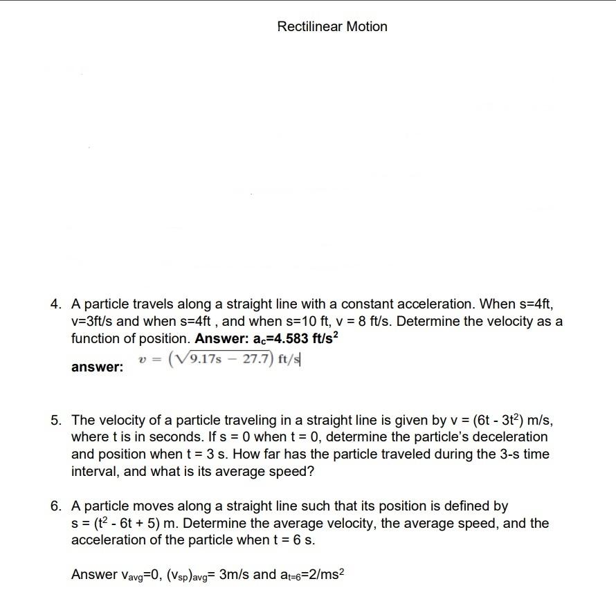 Solved Rectilinear Motion 4. A particle travels along a | Chegg.com