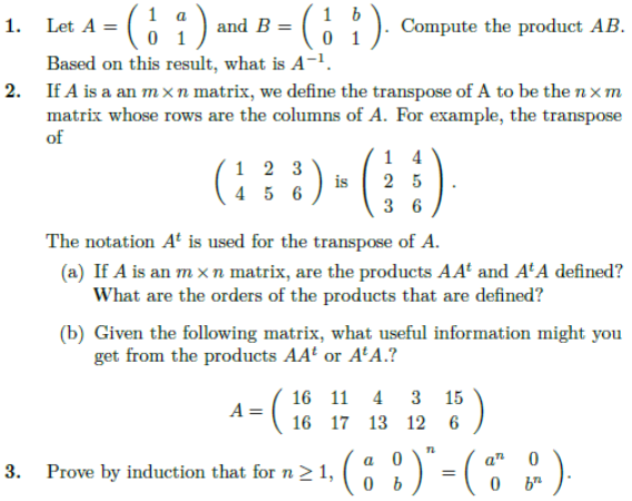 Solved ( (6 ^ ). Compute the product AB. of 1. 1 a b Let A = | Chegg.com