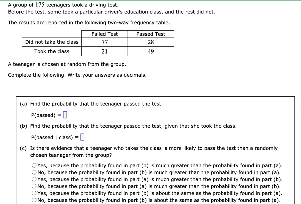 Solved A group of 175 teenagers took a driving test. Before | Chegg.com