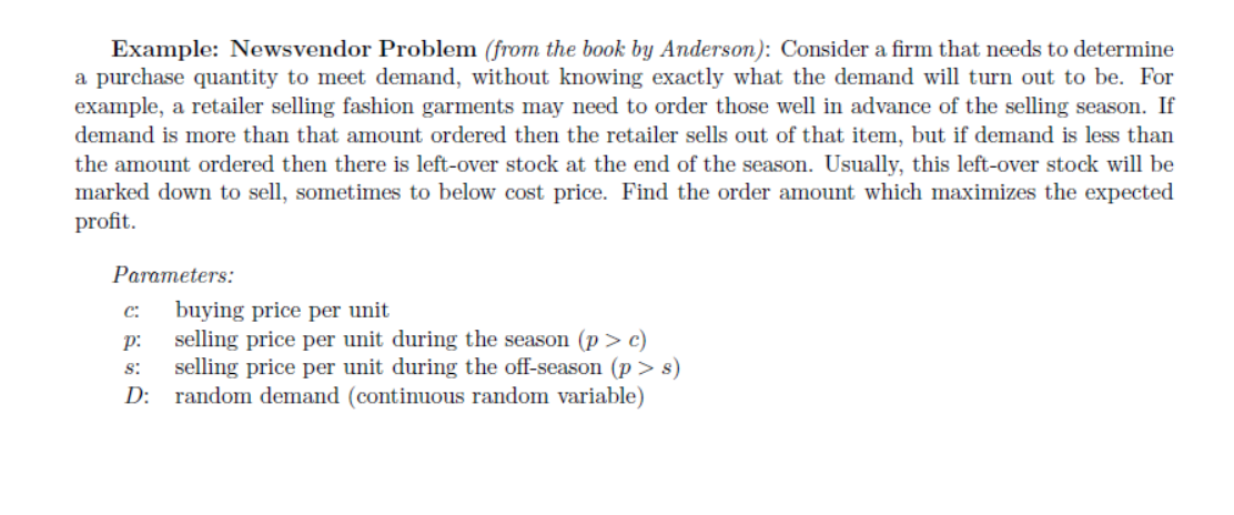 Solved Example: Newsvendor Problem (from the book by | Chegg.com