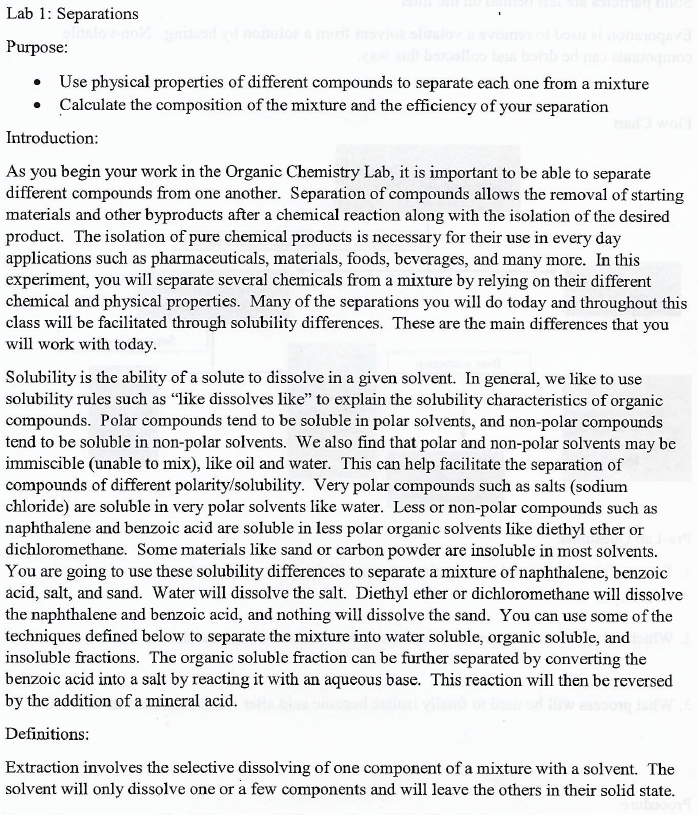 Lab 1: Separations Purpose: • Use physical properties | Chegg.com