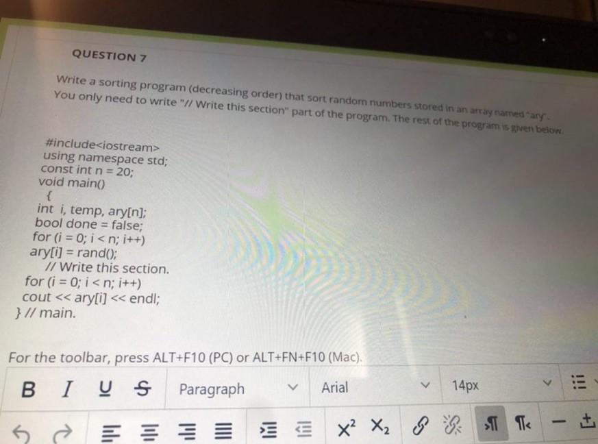 Solved QUESTION 7 Write a sorting program (decreasing order) | Chegg.com