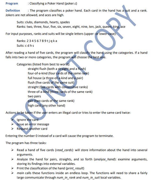 Solved Program : :Classitying a Poker Hand (poker.c) | Chegg.com