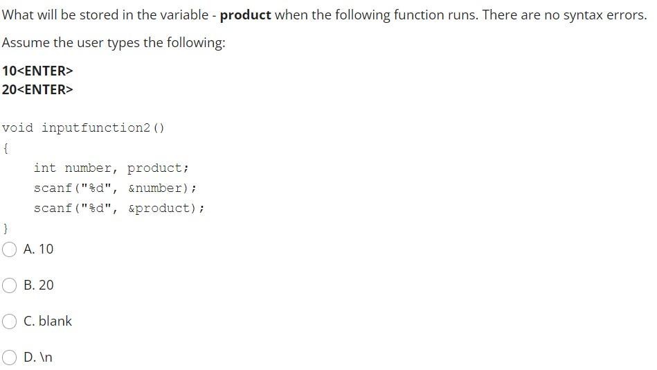 Solved What will be stored in the variable - product when | Chegg.com