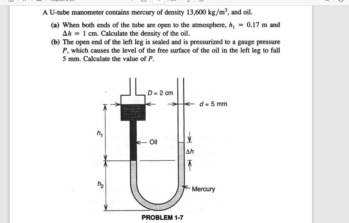 Solved A U-tube manometer contains mercury of ﻿density | Chegg.com