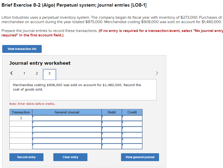 Solved Brief Exercise 8-2 (Algo) Perpetual system; journal | Chegg.com