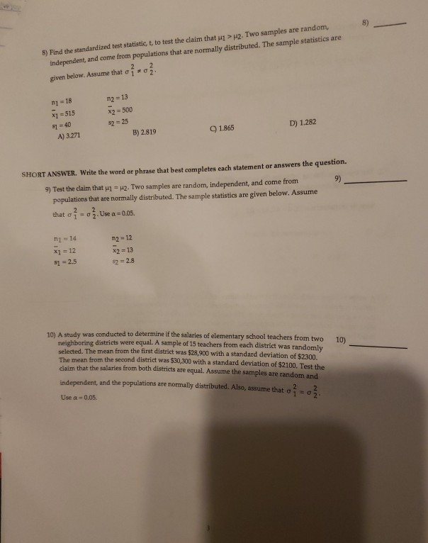 Solved S) Find the standardized test statistic, t, to test | Chegg.com
