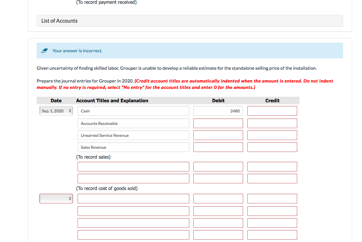 (To record payment received) List of Accounts Your | Chegg.com